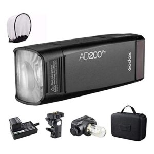 godox ad200pro godox ad200 pro version, 200ws 2.4g flash strobe, 1/8000 hss, 500 full power flashes, 0.01-1.8s recycling, 2900mah battery, bare bulb/speedlite fresnel flash head, lightweight compact