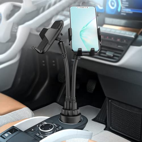 Gabba Goods Dual Phone Holder for Car Cup Holder – Long Flexible Neck, 360° Rotatable Car Phone Mount - Adjustable Cell Phone Cup Holder, Universal Size Fits 2 iPhone, Samsung, GPS and More