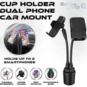 Gabba Goods Dual Phone Holder for Car Cup Holder – Long Flexible Neck, 360° Rotatable Car Phone Mount - Adjustable Cell Phone Cup Holder, Universal Size Fits 2 iPhone, Samsung, GPS and More