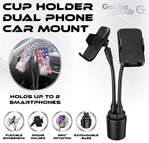 Gabba Goods Dual Phone Holder for Car Cup Holder – Long Flexible Neck, 360° Rotatable Car Phone Mount - Adjustable Cell Phone Cup Holder, Universal Size Fits 2 iPhone, Samsung, GPS and More