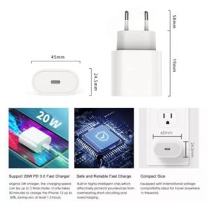 Fast 20W USB-C Brazilian and European Plug Adapter for iPhone 14/14 pro/ 14 pro max/ 14 Plus/iPhone 13/13 Pro/iPhone 12/12 Mini/12 Pro/12 Pro Max/11 Pro Max/XS Max/XS/XR/X,iPad Pro