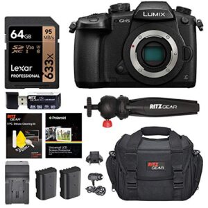 panasonic lumix gh5 4k digital camera, 20.3 megapixel mirrorless camera with digital live mos sensor, 5-axis dual i.s. 2.0, 4k 4:2:2 10-bit video, full-size hdmi out, 3.2-inch lcd, dc-gh5 (black)