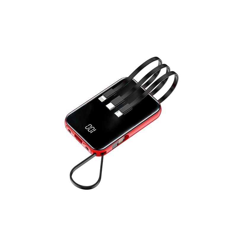 KOMPSEN Mini Power Bank Built in 4 Cables The lightest 10000 mAh Portable Charger Compatible with Mobile Phone iPhone,Android,iPad Devices External Battery Packs Red