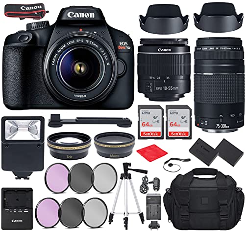 T100 DSLR Camera with EF-S 18-55mm F/3.5-5.6 III, EF 75-300mm f/4-5.6 III Lense Bundle, Travel Kit + Accessories(Gadget Bag, Extra Battery, Digital Slave Flash, 128Gb Memory and More)