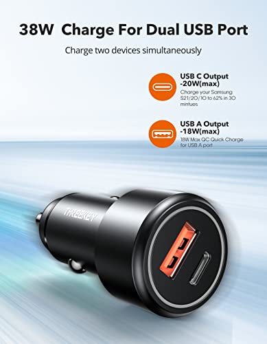 USB C Car Charger,THREEKEY 38W PD Car Charger Fast Charging, USB Type C Car Charger Adapter Cargador para Carro for iPhone 14 13 12 11,iPad Pro,Samsung Galaxy,LG,Google Pixel,Moto