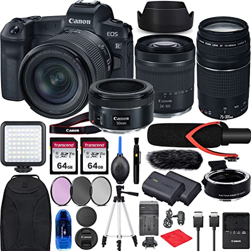 Camera Bundle for Canon EOS R with RF 24-105mm f/4-7.1 is STM Lens Mirrorless Camera + EF 75-300 is III, EF 50 1.8 STM, EF-EOS R Mount Adapter, V30 Microphone, LED Light, Extra Battery + More