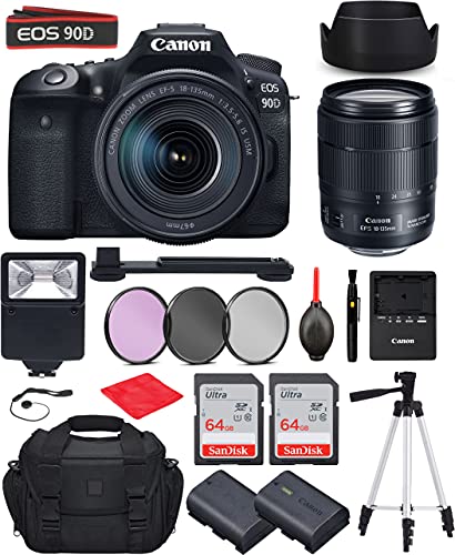 Canon EOS 90D DSLR Camera with Canon EF-S 18-135mm f3.5-5.6 is USM Lens Bundle, Starter Kit with Accessories (Gadget Bag, Digital Slave Flash, 128Gb Memory, 50 inch Tripod), Black, Full-size