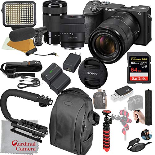 Cardinal Camera-Sony Sony Alpha a6600 Mirrorless Camera with 18-135mm and 55-210mm Lenses Bundle Video Bundle + LED Video Light + Microphone + Extreme Speed 64GB Memory(21pc Bundle) ILCE-6600M/B