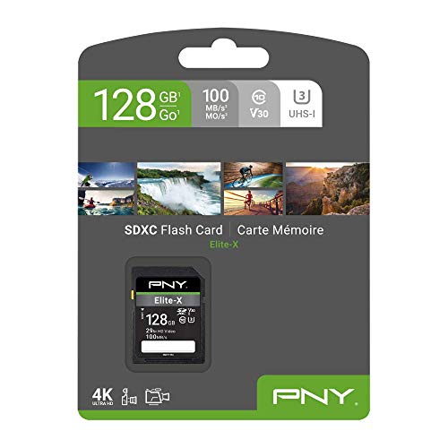 PNY 128GB Elite-X Class 10 U3 V30 SDXC Flash Memory Card - 100MB/s, Class 10, U3, V30, 4K UHD, Full HD, UHS-I, Full Size SD