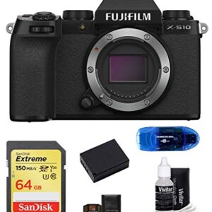 FUJIFILM X-S10 Mirrorless Digital Camera Body Bundle, Includes: SanDisk 64GB Extreme Memory Card, Spare Battery, Card Reader, Memory Card Wallet and Lens Cleaning Kit (6 Items)