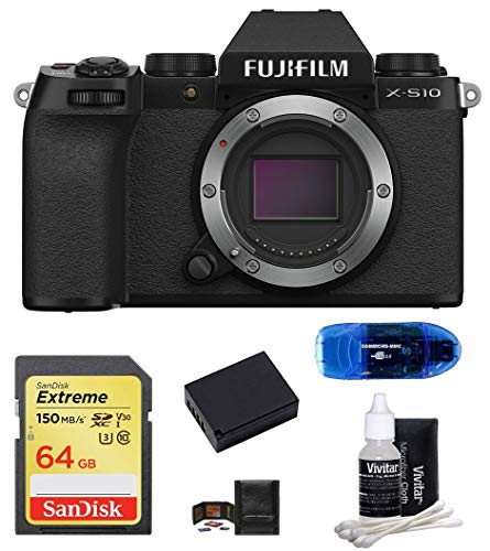 FUJIFILM X-S10 Mirrorless Digital Camera Body Bundle, Includes: SanDisk 64GB Extreme Memory Card, Spare Battery, Card Reader, Memory Card Wallet and Lens Cleaning Kit (6 Items)