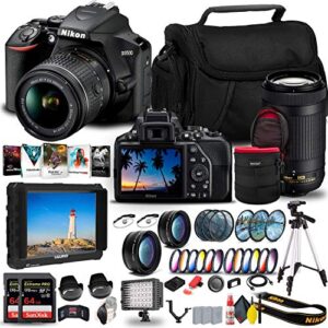 nikon d3500 dslr camera with 18-55mm and 70-300mm lenses (1588) + 4k monitor + 2 x 64gb extremepro card + 2 x en-el14a battery + corel software + tripod + case + more – international model (renewed)