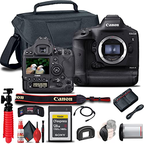 Canon EOS-1D X Mark III DSLR Camera Body Only (3829C002), 128GB CFexpress Card, Case, Flex Tripod, Hand Strap, Memory Wallet, Cleaning Kit (Renewed)