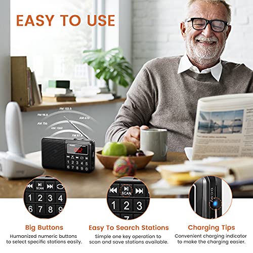 PRUNUS 429 Small Radio, Pocket Radio, AM FM Radio Plug in Wall, Large Button, Neodymium Speaker, Auto Save, USB Flash Drive, SD Card AUX Input MP3, Shortwave Radio for Elderly and Senior(Black)