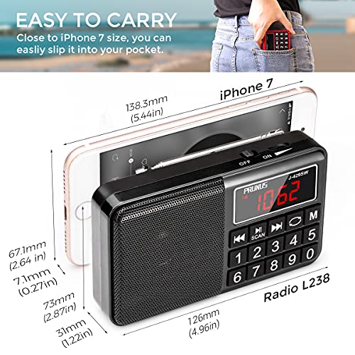 PRUNUS 429 Small Radio, Pocket Radio, AM FM Radio Plug in Wall, Large Button, Neodymium Speaker, Auto Save, USB Flash Drive, SD Card AUX Input MP3, Shortwave Radio for Elderly and Senior(Black)