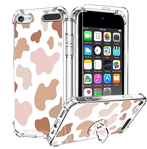 KANGHAR iPod Touch 7/6/5 Case, Cute Cow Print with Screen Protector,Kickstand Ring Holder Soft TPU Bumper Shockproof Cover for iPod Touch 5th/6th/7th Generation-Pink Brown