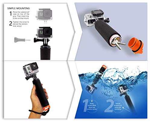 Waterproof Floating Hand Grip Compatible with GoPro Hero 11 10 9 8 7 6 5 4 3 3+ 2 1 Session Black Silver Camera Handler & Handle Mount Accessories Kit for Water Sport and Action Cameras (Orange)