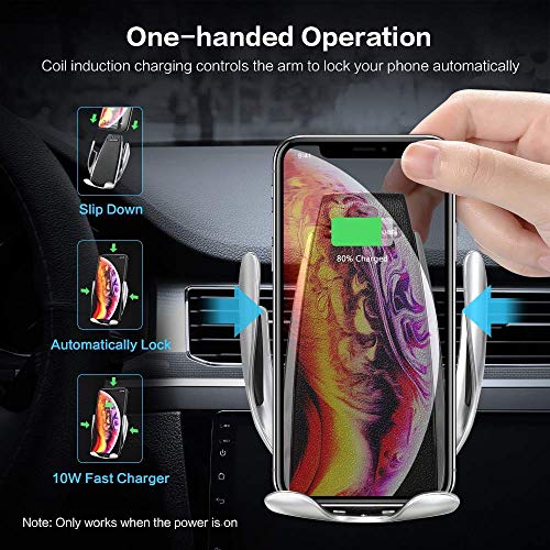 Car Phone Mount, Cell Phone Holder for Car, Wireless USB C Car Charger, Dashboard Cup Phone Holder, Automatic Clamping Fast Charger Compatible with iPhone Xs Max XR X 8（Silver）