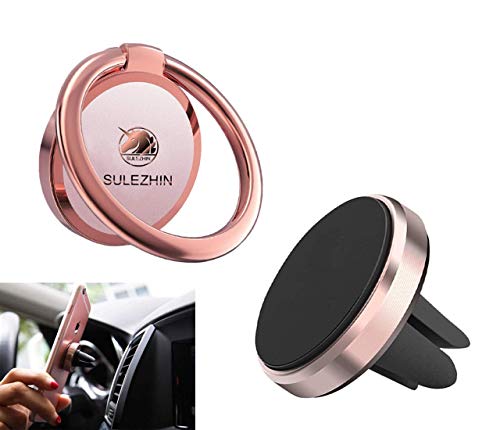 Phone Ring Holder Stand Finger Kickstand 360° Rotation Metal Ring Grip with Magnetic Phone Car Mount Holder Set Compatible with iPhone, Samsung, LG, Sony, HTC ETC (Rose Gold)