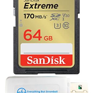 SanDisk 64GB Extreme Memory Card works with Canon EOS Rebel SL2, T6, T6i, T5i EF-S, EOS 80D, Powershot Camera SDXC 4K V30 UHS-I (SDSDXVE-064G-GNCIN) with Everything But Stromboli Combo Reader