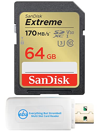 SanDisk 64GB Extreme Memory Card works with Canon EOS Rebel SL2, T6, T6i, T5i EF-S, EOS 80D, Powershot Camera SDXC 4K V30 UHS-I (SDSDXVE-064G-GNCIN) with Everything But Stromboli Combo Reader