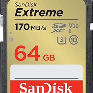 SanDisk 64GB Extreme Memory Card works with Canon EOS Rebel SL2, T6, T6i, T5i EF-S, EOS 80D, Powershot Camera SDXC 4K V30 UHS-I (SDSDXVE-064G-GNCIN) with Everything But Stromboli Combo Reader