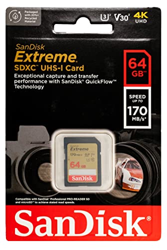 SanDisk 64GB Extreme Memory Card works with Canon EOS Rebel SL2, T6, T6i, T5i EF-S, EOS 80D, Powershot Camera SDXC 4K V30 UHS-I (SDSDXVE-064G-GNCIN) with Everything But Stromboli Combo Reader