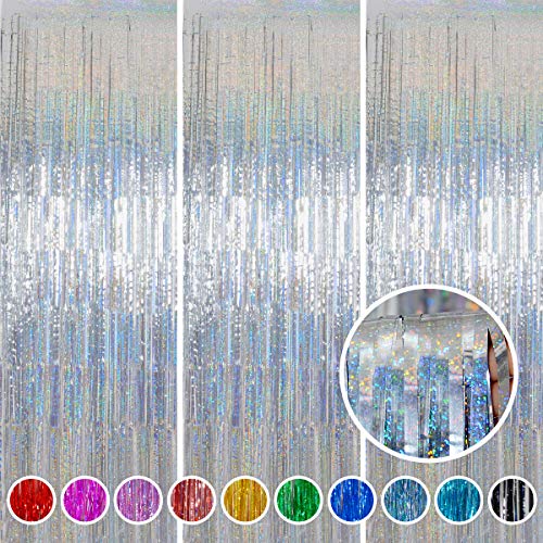 Foil Fringe Curtains Party Decorations - Melsan 3 Pack 3.2 x 8.2 ft Tinsel Curtain Party Photo Backdrop for Birthday Party Baby Shower or Graduation Decorations Silver