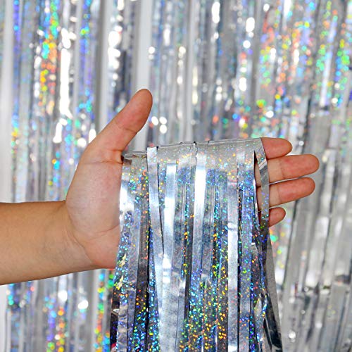 Foil Fringe Curtains Party Decorations - Melsan 3 Pack 3.2 x 8.2 ft Tinsel Curtain Party Photo Backdrop for Birthday Party Baby Shower or Graduation Decorations Silver