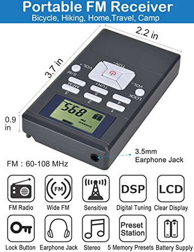 ZHIWHIS Mini Portable FM Radio, Stereo LCD Digital Display Tuning Pocket Walkmen Transistor Conference Receiver with Earphone, Small Pocket Radio Operated by AAA Batteries for Walking/Running