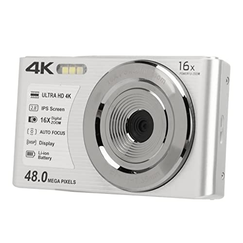 4K Digital Camera, Kids Selfie Camera 2.8 Inch Screen, 48MP Video Camera with 16X Digital Zoom for Teens Beginners, Image Stabilization, 256GB Expansion, Christmas Birthday Gifts (Silver)