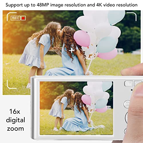 4K Digital Camera, Kids Selfie Camera 2.8 Inch Screen, 48MP Video Camera with 16X Digital Zoom for Teens Beginners, Image Stabilization, 256GB Expansion, Christmas Birthday Gifts (Silver)