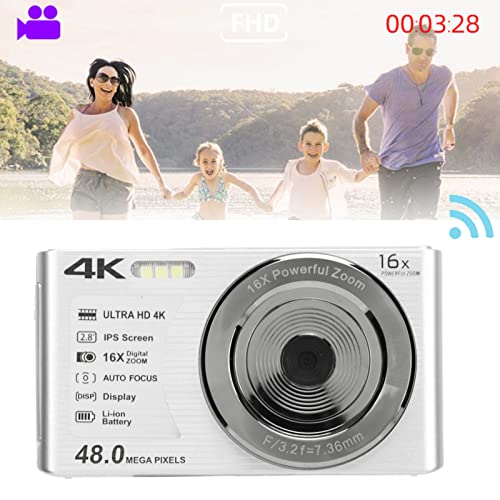 4K Digital Camera, Kids Selfie Camera 2.8 Inch Screen, 48MP Video Camera with 16X Digital Zoom for Teens Beginners, Image Stabilization, 256GB Expansion, Christmas Birthday Gifts (Silver)