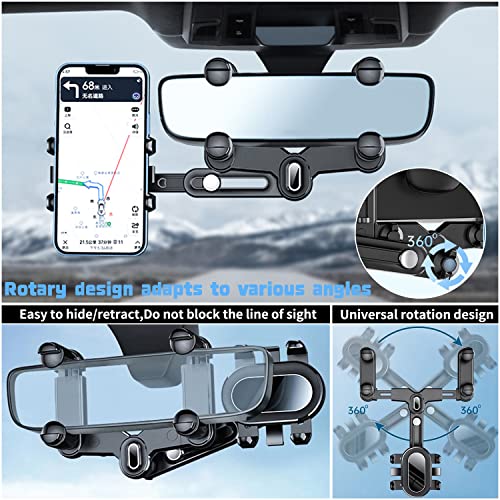 Kaubem Rearview Mirror Phone Holder for Car,Rotatable and Retractable Car Phone Holder,360 Degree Rotating Multifunctional Rear View Mirror Phone Holder Suitable for Most Mobile Phones and Cars