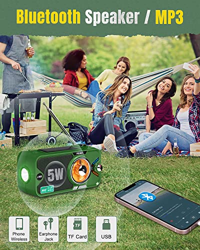 PRUNUS 3600mAh Emergency Radio Hand Crank/Solar/USB Charging, Bluetooth Speaker, Flashlight,Phone Charger,SOS Alarm, Power Bank, MP3,7 NOAA Weather Radio, Portable Radio Transistor AM FM