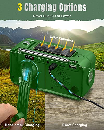 PRUNUS 3600mAh Emergency Radio Hand Crank/Solar/USB Charging, Bluetooth Speaker, Flashlight,Phone Charger,SOS Alarm, Power Bank, MP3,7 NOAA Weather Radio, Portable Radio Transistor AM FM