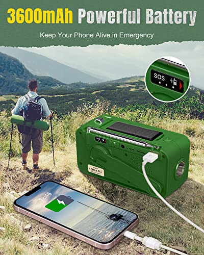 PRUNUS 3600mAh Emergency Radio Hand Crank/Solar/USB Charging, Bluetooth Speaker, Flashlight,Phone Charger,SOS Alarm, Power Bank, MP3,7 NOAA Weather Radio, Portable Radio Transistor AM FM