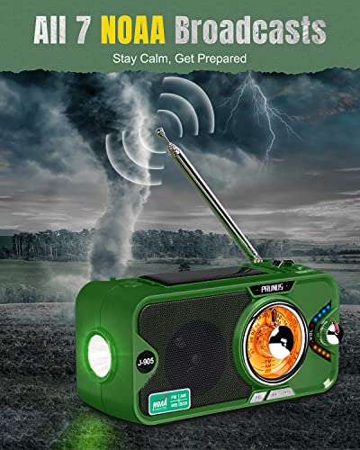 PRUNUS 3600mAh Emergency Radio Hand Crank/Solar/USB Charging, Bluetooth Speaker, Flashlight,Phone Charger,SOS Alarm, Power Bank, MP3,7 NOAA Weather Radio, Portable Radio Transistor AM FM