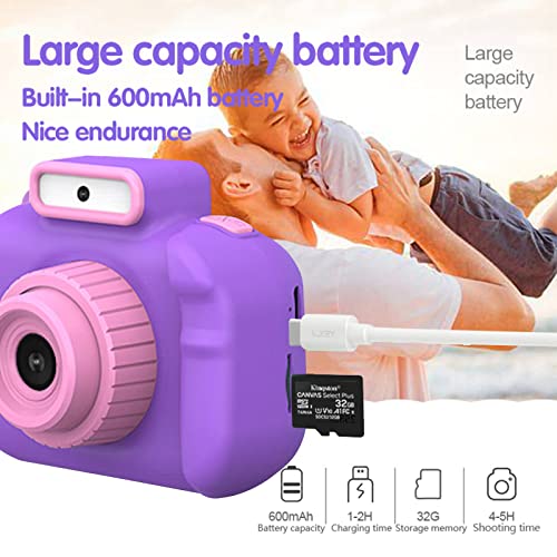 Kids Camera, Gifts for Boys, Girls of Age 3-9, 1080P HD Digital Video Cameras for Toddler, 48MP high Definition Digital Camera, 32GB SD Card,Video And Games, With Flashlight, 800mah Battery (Purple)