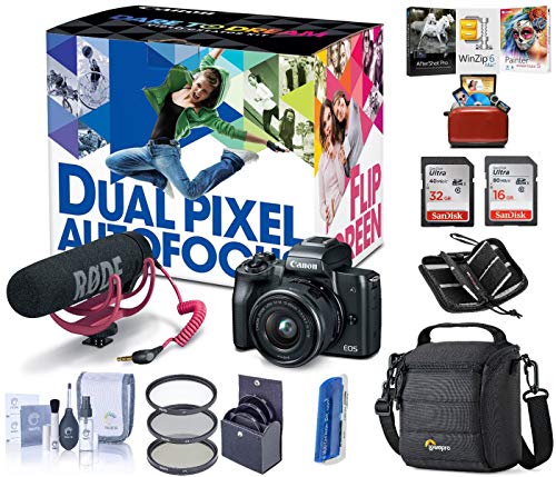 Canon EOS M50 Mirrorless Camera Video Creator Kit w/EF-M 15-45mm Lens, Black, Bundle with Rode VideoMic GO, Cam Bag, 32+16GB SD Card + Case, Filter Kit, Cleaning Kit, Mac Software Kit, Card Reader