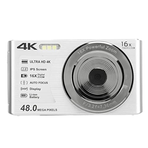 4K Digital Camera, 16X Digital Zoom 2.8 Inch Shake Proof HD Camera 48M Pixel USB Rechargeable Portable Compact Camera Built in Fill Light for Teens Adults Beginners Birthday Gifts (Silver)