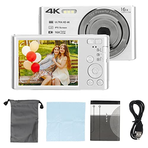 4K Digital Camera, 16X Digital Zoom 2.8 Inch Shake Proof HD Camera 48M Pixel USB Rechargeable Portable Compact Camera Built in Fill Light for Teens Adults Beginners Birthday Gifts (Silver)