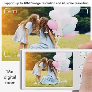 4K Digital Camera, 16X Digital Zoom 2.8 Inch Shake Proof HD Camera 48M Pixel USB Rechargeable Portable Compact Camera Built in Fill Light for Teens Adults Beginners Birthday Gifts (Silver)