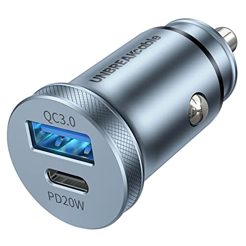 UNBREAKcable USB C Car Charger 38W Fast Charging [All Metal] PD & QC 3.0 Dual Port Type C Car Adapter for Apple iPhone 14 13 12 11 Pro Max Mini SE XS XR X 8 7 6 Plus iPad Samsung Galaxy Android Phone