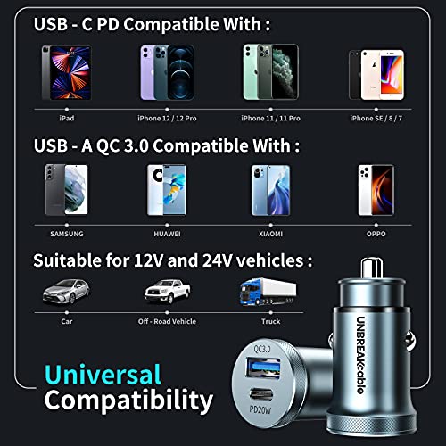 UNBREAKcable USB C Car Charger 38W Fast Charging [All Metal] PD & QC 3.0 Dual Port Type C Car Adapter for Apple iPhone 14 13 12 11 Pro Max Mini SE XS XR X 8 7 6 Plus iPad Samsung Galaxy Android Phone