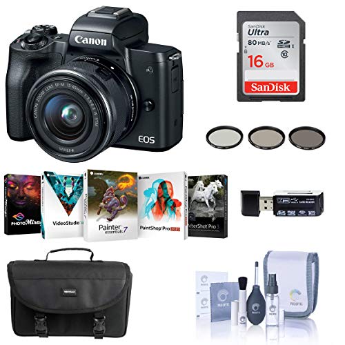 Canon EOS M50 Mirrorless Camera with EF-M 15-45mm f/3.5-6.3 is STM Lens, Black - Bundle with 16GB SDHC Card, Camera Case, 49mm Filter Kit, Cleaning Kit, Card Reader, Pc Software Package