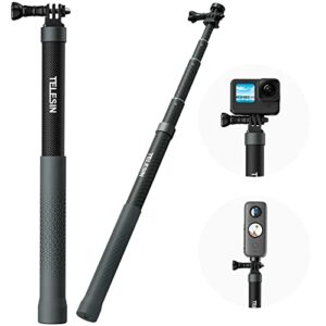 selfie stick long pole invisible for gopro insta360 (120cm/47.2 inch), telesin light carbon fiber extension monopod for go pro max hero 11 10 9 8 7 6 5 one x2 x3 rs go 2 dji action 2 3 accessories