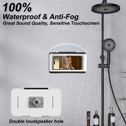 URROY Shower Phone Holder Waterproof Anti Fog 480° Rotatable Bathroom Phone Mirror Wall Mount Guardian Case Shelf Stand for Bathtub Kitchen Universal Shower Accessories for All Cell Phone Up to 6.8"