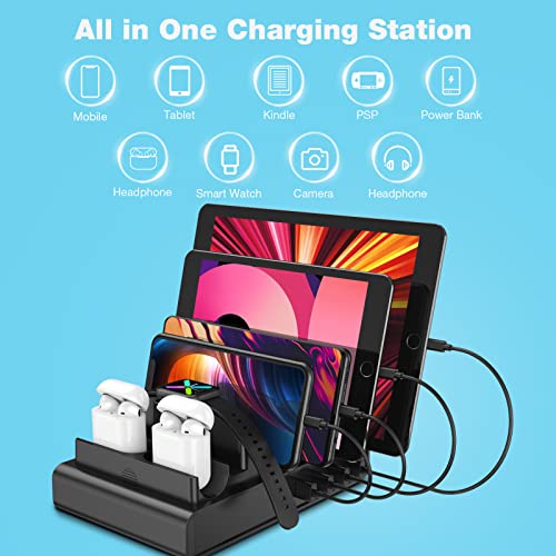 OTESS Charging Station for Multiple Devices, 7 Port 50W Fast Charging Station for Apple iPhone iPad Cell Phone Tablets and Other Electronics (6 Cables Included)