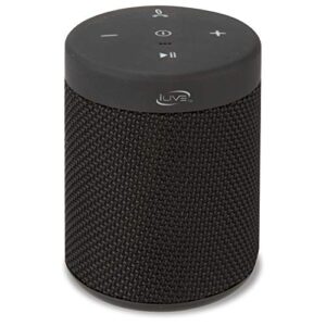 ilive waterproof fabric wireless speaker, 2.56 x 2.56 x 3.4 inches, built-in rechargeable battery, black (isbw108b)